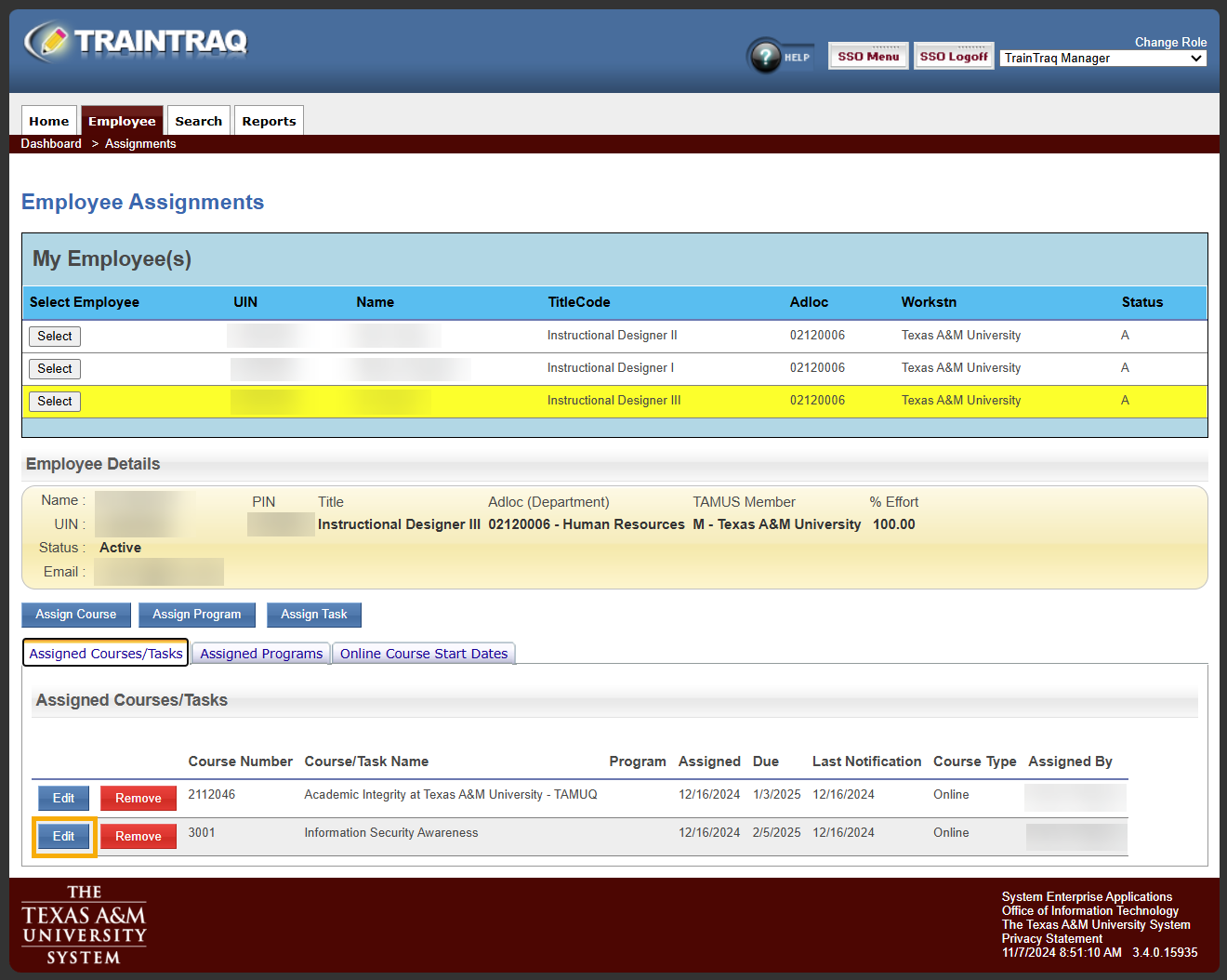 Creating, Editing, and Removing Course Assignments for Managers